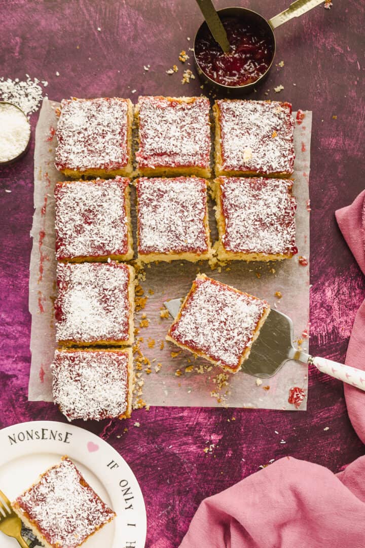 School Jam and Coconut Cake with Pink Custard - Amy Treasure